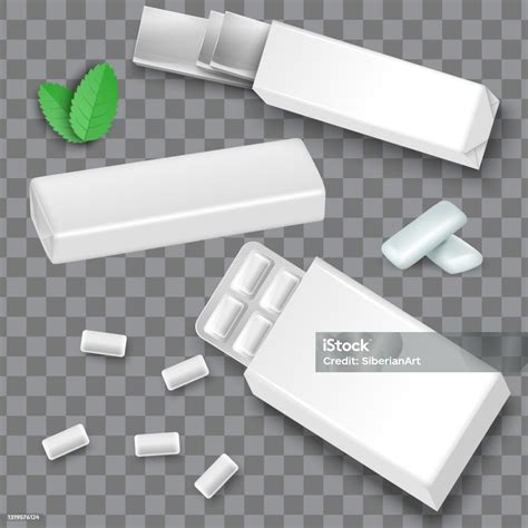 흰색 빈 풍선 껌 패키지 모형 세트 녹색 민트 잎 떨어지는 풍선 껌 벡터 고립 된 일러스트 3차원 형태에 대한 스톡 벡터 아트 및 기타 이미지 Istock