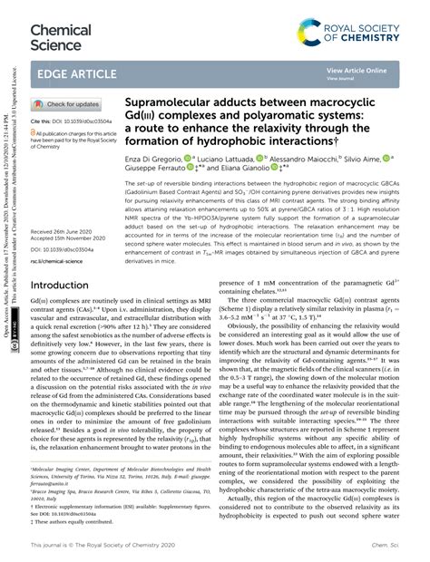 Pdf Supramolecular Adducts Between Macrocyclic Gdiii Complexes And Polyaromatic Systems A