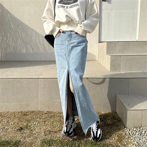 트임 하이웨스트 연청 데님 맥시 롱 스커트