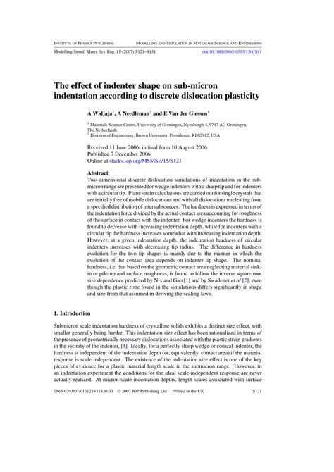 pdf the effect of indenter shape on sub micron indentation according