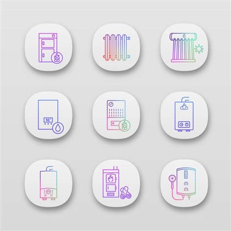 Heating App Icons Set Boilers Radiators Water Heaters Gas Electric