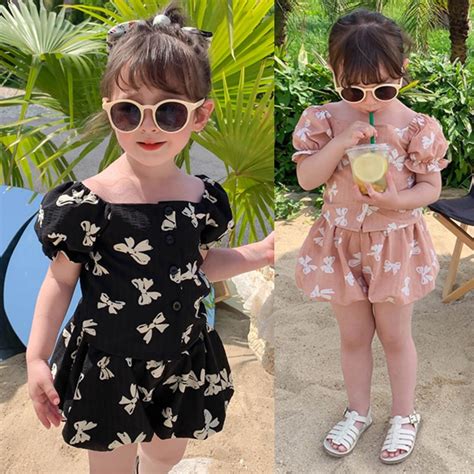 Lok04837 Summer Girl Suit With Square Neck And Bow Knot Printed Top And