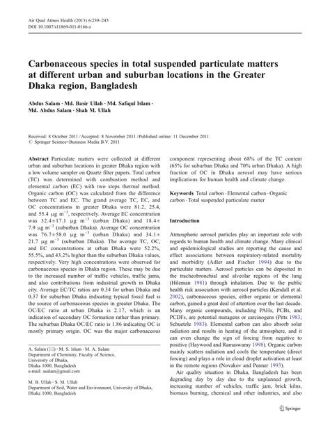 Pdf Carbonaceous Species In Total Suspended Particulate Matters At Different Urban And