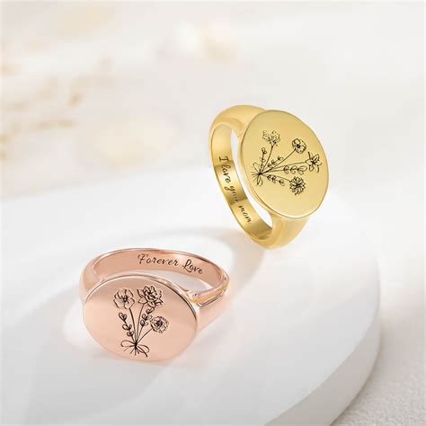 Personalized Signet Ring With Birth Flower Engraved Ring Mother Ring
