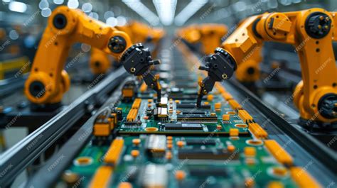Automated Robotic Arms Assembling Electronic Circuit Boards On A Production Line In A Hightech