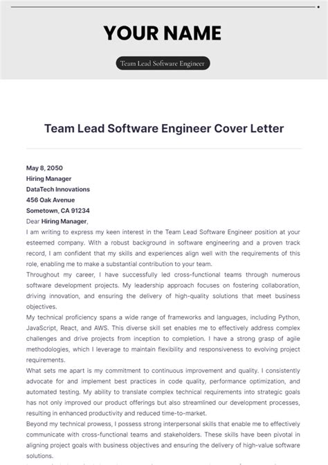 Free Team Lead Software Engineer Cover Letter Template To Edit Online