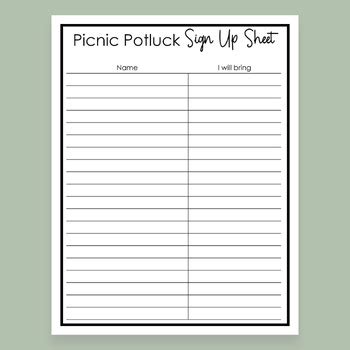 Picnic Potluck Sign Up Sheet Summertime Printable Sign Up Template