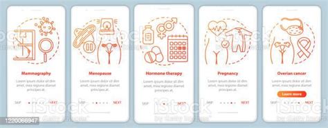 여성 의료 레드 온보딩 모바일 앱 페이지 화면 벡터 템플릿입니다 임신 난소암 폐경 선형 아이콘이 있는 웹 사이트 연습 단계입니다 Ux Ui Gui 스마트폰 인터페이스 컨셉
