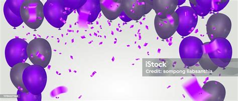 스톡 벡터 일러스트 파티 비행 보라색과 다양한 색상 현실적인 풍선 초점이 맞지 않는 매크로 효과 플래카드 배너용 템플릿 새해 펑키 장식입니다 힙스터 시즌 세일 색종이 개념에