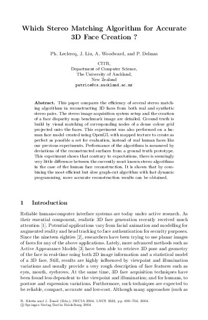 Pdf Which Stereo Matching Algorithm For Accurate 3d Face Creation