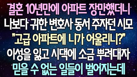 반전 사연 결혼 년만에 아파트 장만했더니 나보다 귀한 변호사 동서 주자던 시모 이성을 잃고 시댁에 소금 뿌려대자 믿을 수 없는 일들이 벌어지는데 사이다사연 라디오