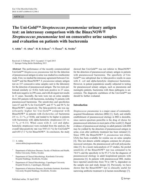 Pdf The Uni Gold™ Streptococcus Pneumoniae Urinary Antigen Test An Interassay Comparison With