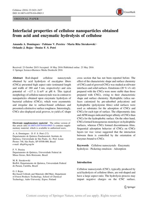 Interfacial Properties Of Cellulose Nanoparticles Obtained From Acid