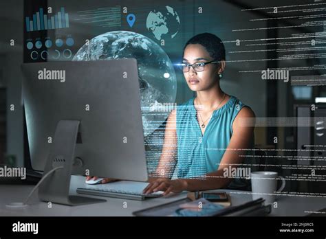 Computer Hologram Global Network And Woman Reading Data Analysis Of