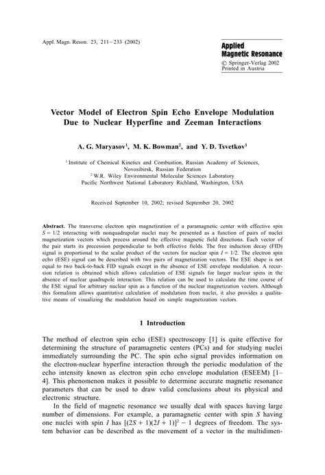 Pdf Vector Model Of Electron Spin Echo Envelope Modulation Due To