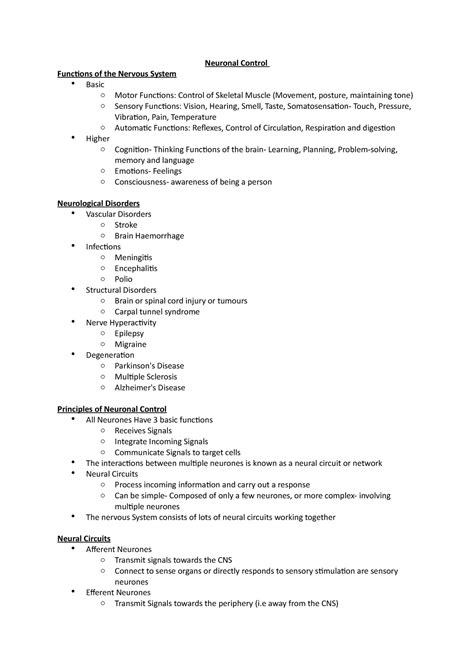 Neuronal Control Lecture Notes MED MB S QUB Studocu