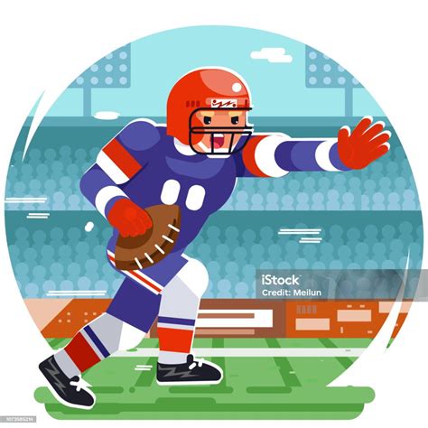 미식 축구 럭비 선수 Chatacter 적극적인 스포츠 경기장 평면 디자인 벡터 일러스트 레이 션을 실행 가죽에 대한 스톡 벡터