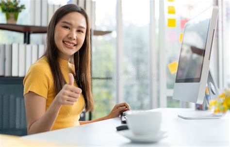 Portrait Happy Young Programmer Asian Woman Work At Start Up Technology