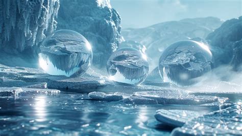 Reflective Spheres On Icy Terrain During A Serene Winter Landscape