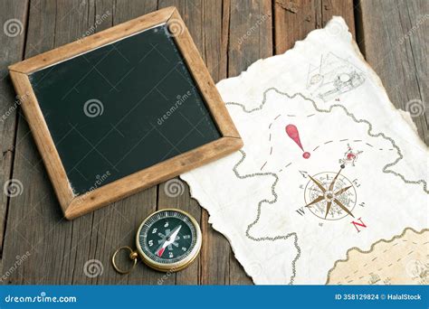 Treasure Map Blackboard Old Compass And Ruler On Wood Desk Stock