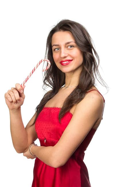 Girl Lick White Red Candy In The Form Of Heart With Beautiful Ma Stock