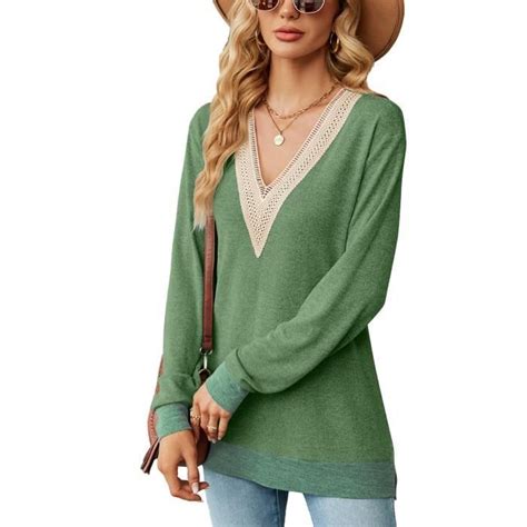 Pull Femme Col V Manches Longues Pullover Avec Fentes Couleur Contraste