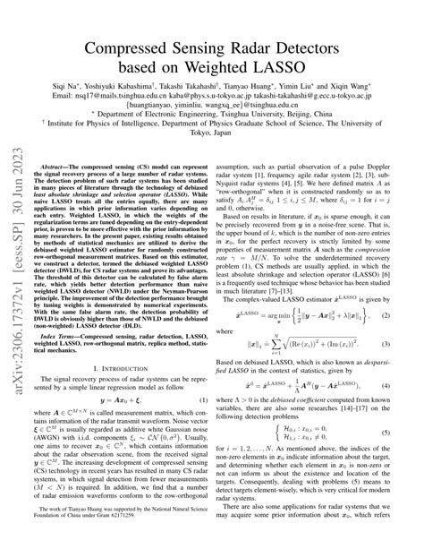 PDF Compressed Sensing Radar Detectors Based On Weighted LASSO