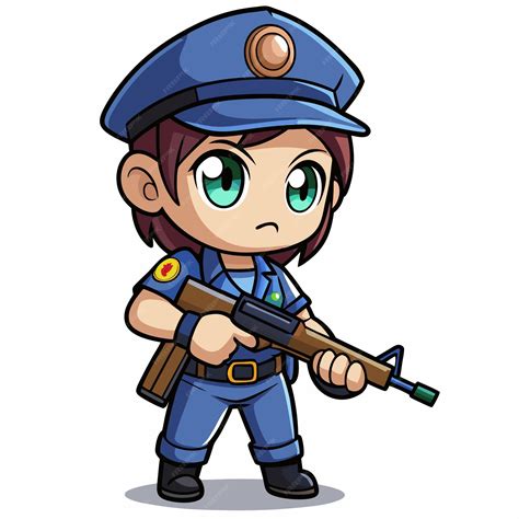 Officer Holding Assault Rifle Cartoon Vector Illustration Premium Ai