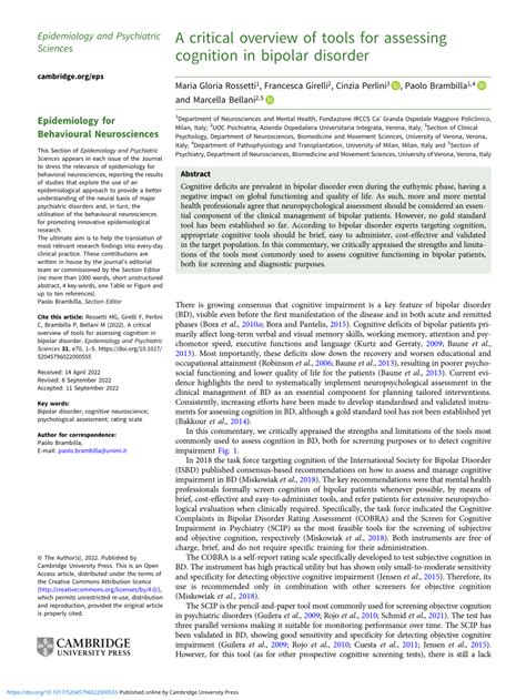 Pdf A Critical Overview Of Tools For Assessing Cognition In Bipolar Disorder