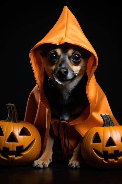 Premium Ai Image English Toy Terrier In An Orange Suit With Jackolanterns On A Black