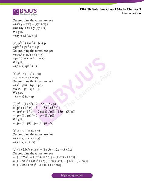 Frank Solutions For Class 9 Maths Chapter 5 Factorisation Free Pdf