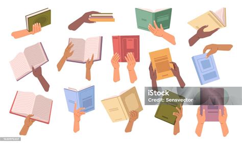 손에 든 책 교과서 교환 및 공유 책 건너기 벡터 그림 교육과 지식 개념 책을 들고 있는 다양한 손 스왑 문학 이벤트 문화 축제 도서관의 날 다문화주의에 대한 스톡 벡터