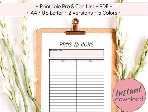 Pros And Cons List Printable Decision Making Tool Life Organizer Sheet For Against Plan US