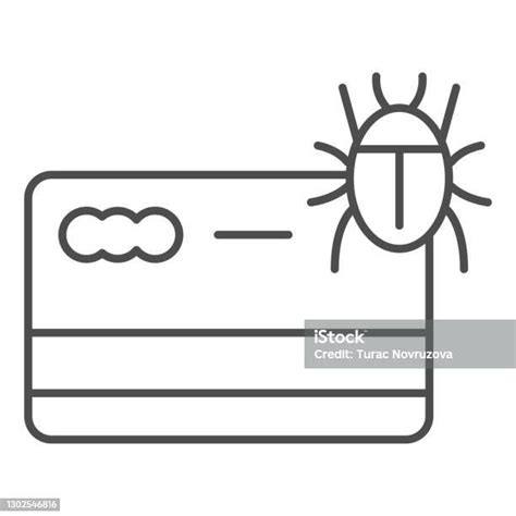 신용 카드 및 곤충 바이러스 얇은 라인 아이콘 웹 보안 개념 흰색 배경에 버그 오류 기호 모바일 및 웹 디자인에 대한 개요