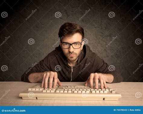 Computer Geek Typing On Keyboard Stock Image Image Of Funny Hackers