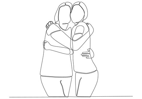 Continuous Line Drawing Of Cheerful Women Embracing Each Other Two