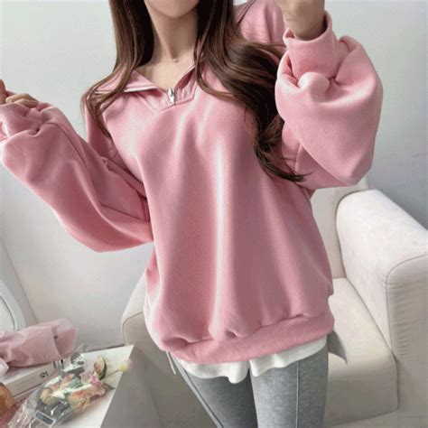 디어윤 도톰융기모 파스텔 세일러 카라 반집업 퍼프 오버핏 기모 맨투맨 핑크옐로우그린블루그레이