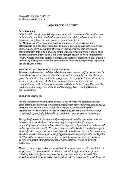 Case 5 Marketing Solution Harvard Case No5 Name Huynh Nhat Nhu