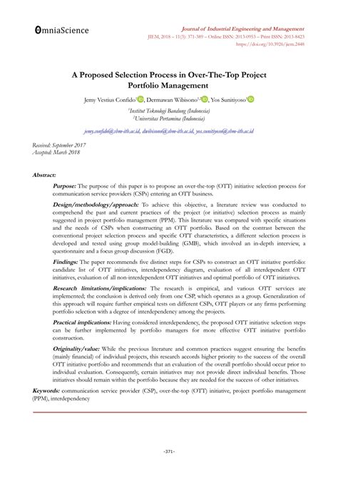 Pdf A Proposed Selection Process In Over The Top Project Portfolio Management