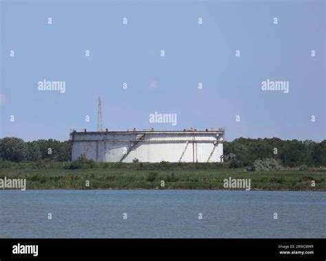 Methane Gas Storage Called Gasometer On The River Bank For The Storage