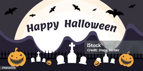 해피 할로윈 배너 달 묘지 날아 다니는 박쥐 및 조각 된 호박 웹 배너 축하 이벤트 인사말 및 초대장 벡터 일러스트 레이 션입니다 10월에 대한 스톡 벡터 아트 및 기타