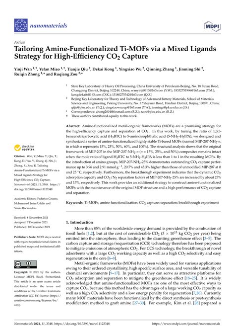 Pdf Tailoring Amine Functionalized Ti Mofs Via A Mixed Ligands Strategy For High Efficiency