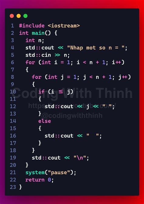 Lập Trình C Một nửa kim tự tháp ngược các số nguyên Coding With Thinh