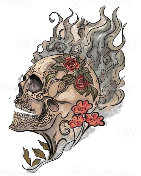 Scull With Flowers Cute Tattoo 53317169 Png