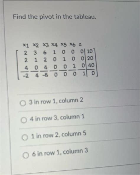 solved find the pivot in the tableau 3 in row 1 column 2