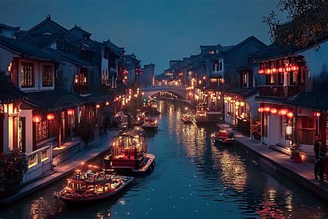 红灯笼ai数字艺术 苏州复古中国风水乡小镇夜景深蓝红灯笼传统建筑游船照片 Ai图片免费下载png格式1344像素编号71315803 千图网