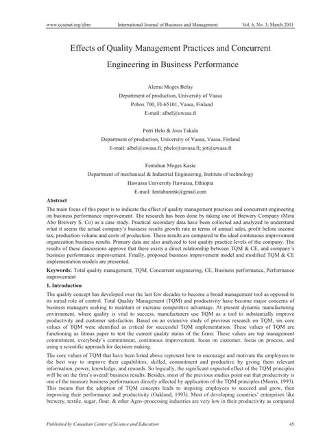 Pdf Effects Of Quality Management Practices And Concurrent Engineering In Business Performance