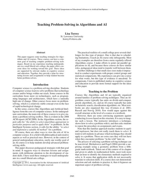 Teaching Problem Solving In Algorithms And Ai Lisa Torrey