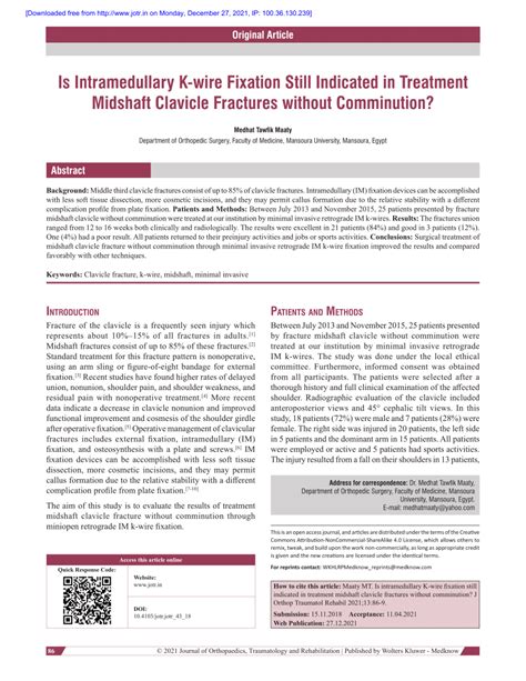 Pdf Is Intramedullary K Wire Fixation Still Indicated In Treatment Midshaft Clavicle Fractures