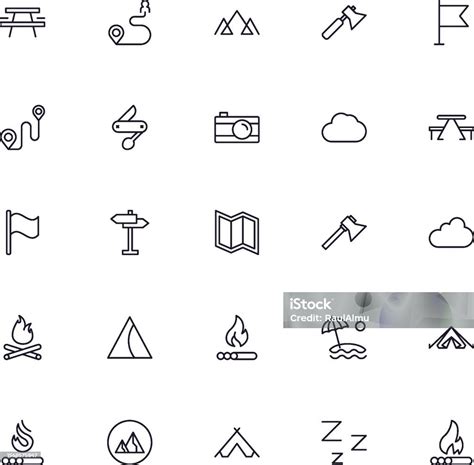 여행 아이콘 세트입니다 웹 디자인 Ui 디자인 모바일 앱 등을 위한 야외 활동 사인 모음 긴장을 풀고 윤곽선 아이콘을 클릭합니다 흰색 바탕에 캠핑 검정 픽토그램 0명에 대한